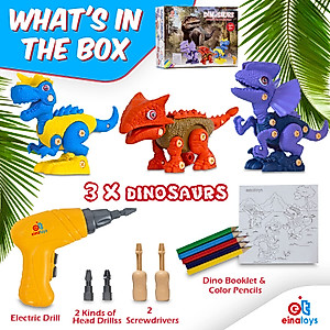 einatoys Take Apart Dinosaur Toys for Boys & Girls – Ages 3, 4, 5, 6, and 7 STEM Building Toys with Electric Drill – 3 Pc. Construction Building Toy Dinosaur Set – Fun and Educational Birthday Gift