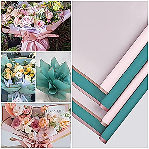 Jutieuo 20 Sheets Flower Wrapping Paper Florist Bouquet Supplies Waterproof Floral Wrapping Paper with Ribbon, 22.8x22.8 inch (Pink)