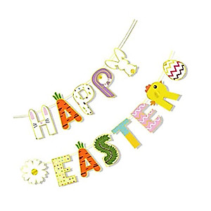 ABOOFAN 1 Set Happy Easter Banner Bunny Sign Rustic Bunting Garland Easter Hanging Ornaments for Easter Theme Party Wall Decorations