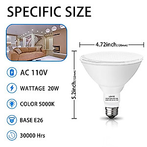 LOXYEE PAR38 LED Outdoor Flood Light Bulbs 2 Pack，20W(200W Equivalent) E26 Base Flood Light Bulbs,5000K Daylight 1800 Lumens LED Flood Light for Outdoor Garden,Garage,Yards,Non-Dimmable