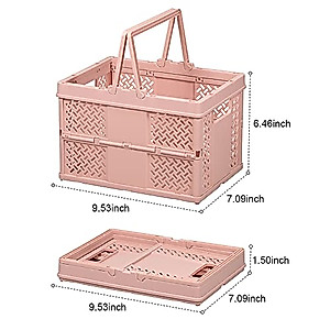 [2-Pack] Plastic Baskets for Shelf Storage Organizing, Durable and Reliable Portable Folding Storage Crate, Ideal for Home Kitchen Classroom and Office Organization, Bathroom Storage-Pink
