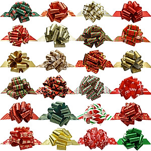 Christmas Gift Pull Bows Set in 24 Assorted Patterns, Present Wrapping Bows with Ribbon, Accessory for Holiday Gift Wine Bottles Book Decoration (Easy Assembly Needed) (24)