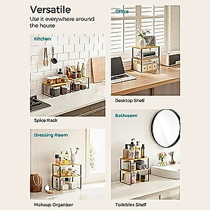 Cabinet Organizer Shelf, Set of 2 Kitchen Counter Shelves, Kitchen Storage, Spice Rack, Stackable, Expandable, Metal and Engineered Wood, Black and Natural (Black & Natural)