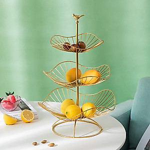 3 Tier Fruit Basket Stand, Modern Tiered Fruit Bowl for Kitchen Counter, Metal Fruit Bowl Bread Baskets, Detachable Fruit Holder Storage Baskets Stand, Black/White/Gold,Gold