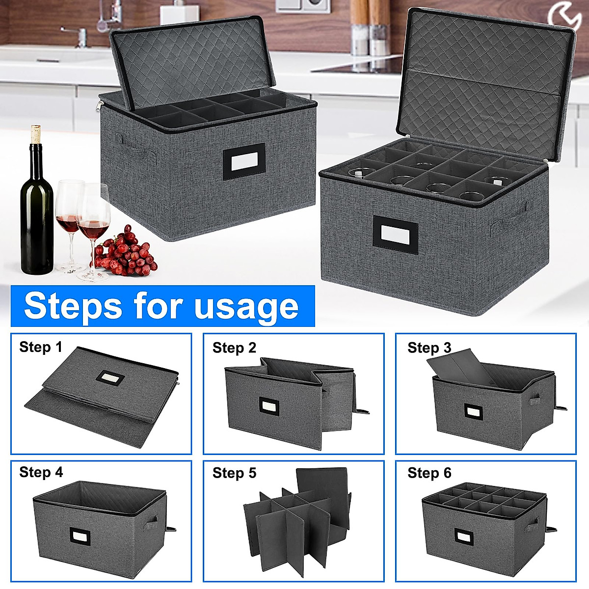 Wine glass Storage Box with Divider - China Storage Containers Hard Shell Stemware Storage Bins with Lids Holds 12 Wine Glass or Crystal Glassware Case, Stackable with Label Window (Dark Grey)