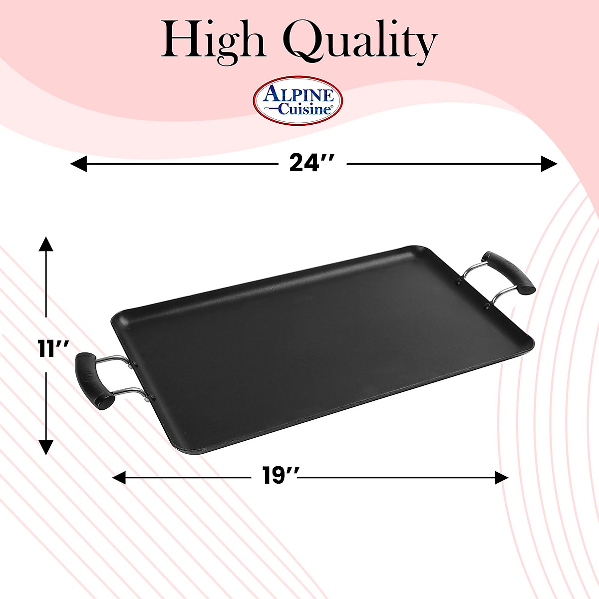 Alpine Cuisine Aluminum Griddle Pan 19x11in | Nonstick Coating & Heat Resistant | Gas Stove Griddle for Cookware with Double Handle - Ideal for BBQ & Serving Pancakes, Hand Wash - Gray