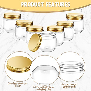 Tanlade 60 Pcs 3 oz Clear Plastic Jars with Lids Wide Mouth Mason Jars Mini Storage Containers Bulk for Herb Jelly Wedding Valentine Favors Shower Party Favors(Gold)