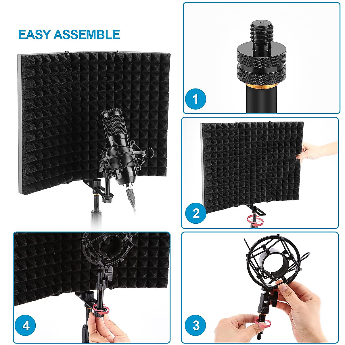 AGPTEK Microphone Isolation Shield, Foldable Adjustable Durable Studio Recording Microphone Isolator Panel for Stand Mount or Table Top