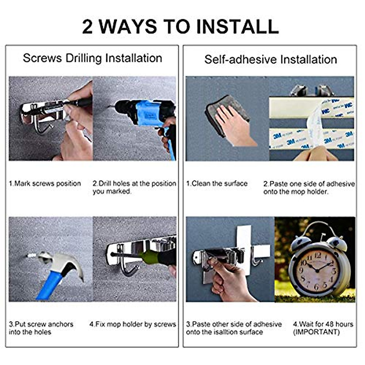 EVV Broom Holder Wall Mount 2 Packs Broom Holder Organizer with 3 Utility Racks 4 Hooks,Broom Mop Hanger,Organizer,Holder, Hooks,Storage for Laundry Room Garden Garage Closet Kitchen