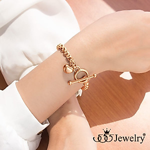 555Jewelry 5mm Stainless Steel Puffed Heart Charm Box Chain Bracelets for Women, T Toggle Clasp ‎Bracelets for Women, Heart Bracelets for Girls, Womens Heart Bracelets, 7 Inch, Rose Gold