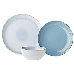 Corelle Stoneware 12-Pc Dinnerware Set, Handcrafted Artisanal Double Bead Plates and Bowls, Solid and Reactive Glazes, Dining Plate Set, Nordic Blue