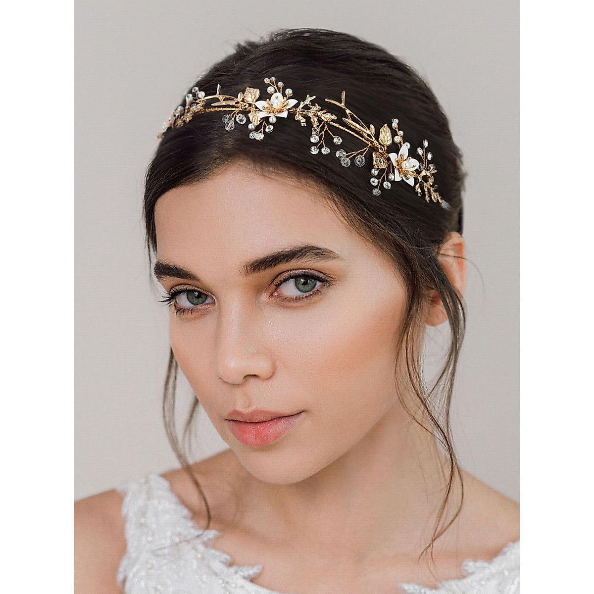 SWEETV Gold Wedding Headband Flower-Leaf Bridal Headpieces for Wedding Hair Accessories for Brides Crystal Pearl Hair Vine