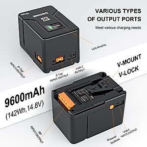 ZGCINE ZG-V160 V Mount V-Lock Battery with D-TAP,USB-C,BP Input & Output, USB-A & DC Output, Mini Power Bank for Cameras, Camcorders, LED Lights, Monitors and Smartphone