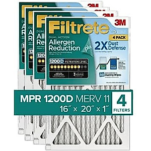 Filtrete 16x20x1 Air Filter MPR 1200D MERV 11, Allergen Reduction Plus Dust, 4-Pack Filters (exact dimensions 15.69x19.69x0.81)