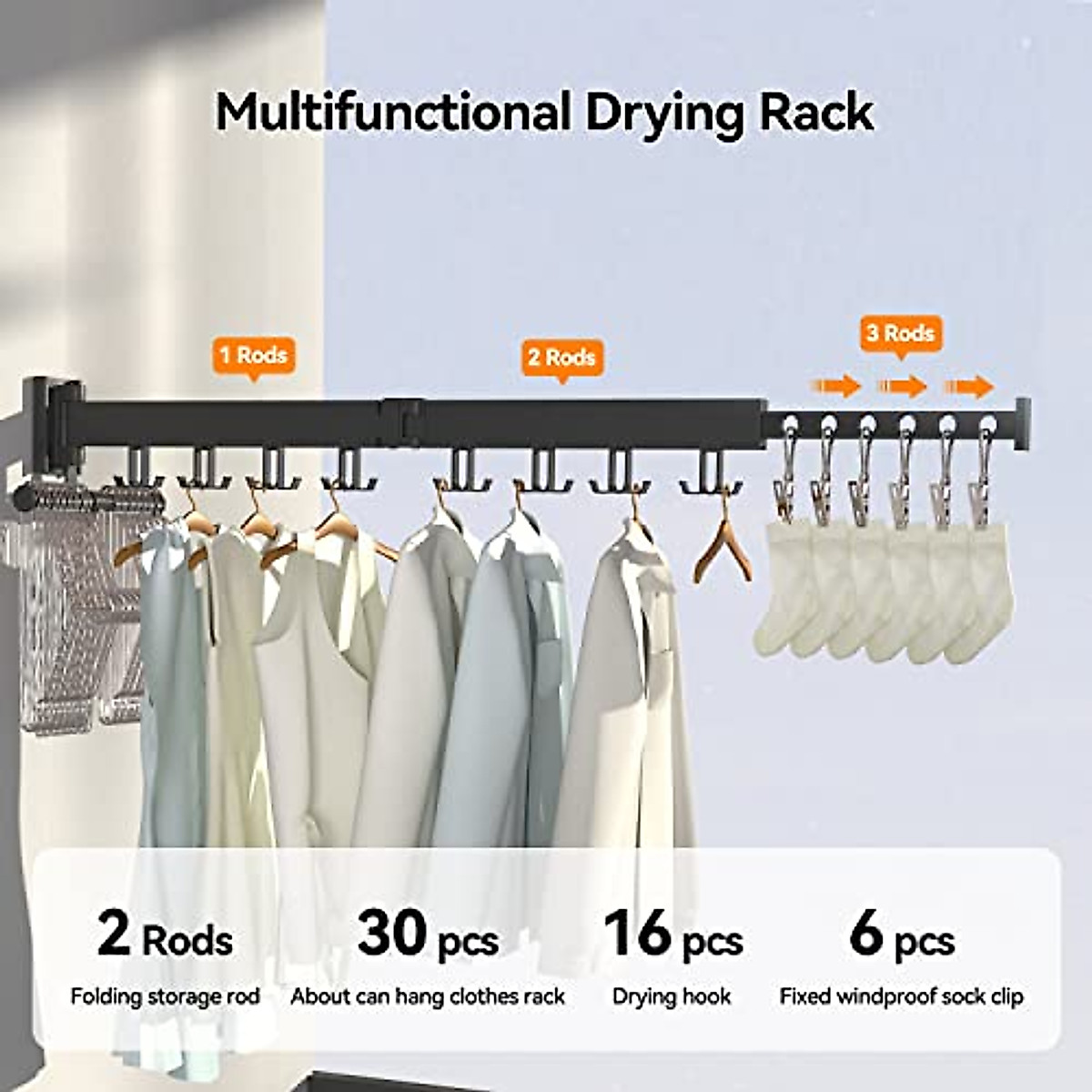 BAICIWE Wall Mounted Clothes Drying Rack, Retractable Laundry Drying Rack, Clothes Drying Rack Folding Indoor, Space Saver, Drying Rack Clothing for Balcony, Laundry, Bathroom, Patio(Bi-Fold)