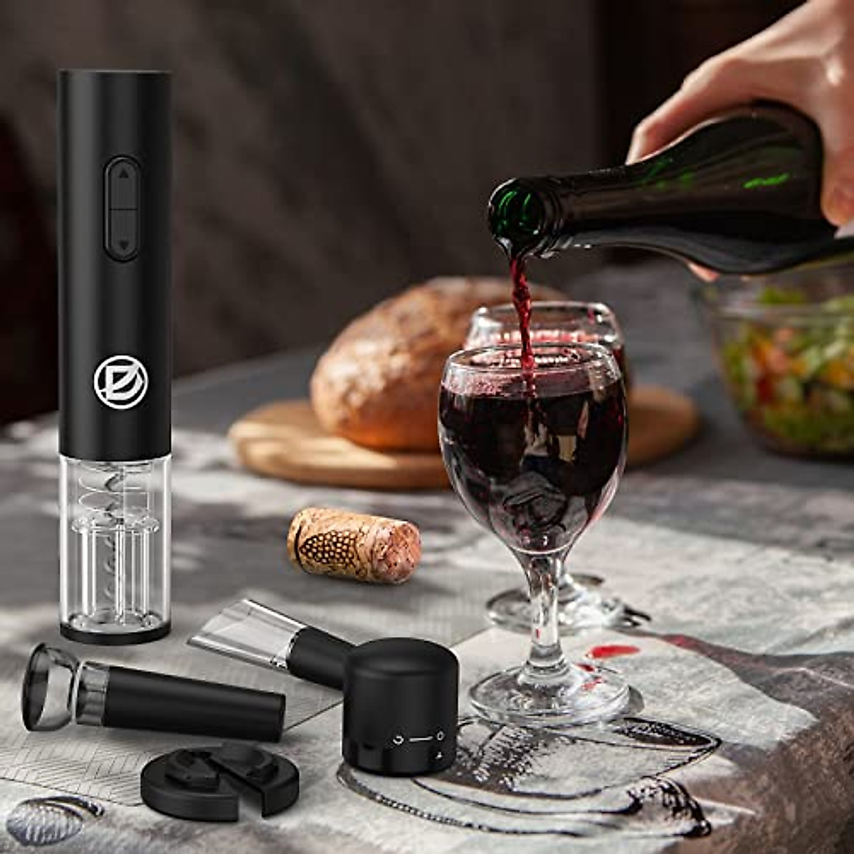D Electric Wine Opener Automatic Battery Operated Wine Bottle Opener Set, Reusable Corkscrew Cordless Remover 5 Pcs Kit with Wine Pourer, Foil Cutter Wine Stopper for Wine Lovers Housewarming Gifts