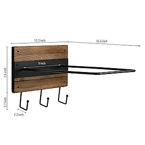 MyGift Wall Mounted Exercise Ball Storage Rack with 3 Bottom Hooks, Rustic Solid Burnt Wood and Matte Black Metal Hanging Yoga Gym Equipment Organizer Holder