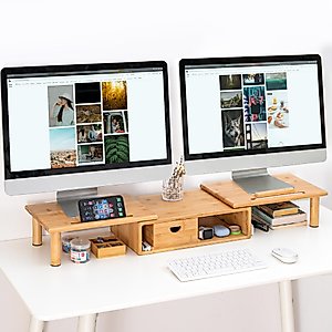 ROCDEER Dual Monitor Stand Riser with Drawer for Desk Laptop Desk Shelf with Adjustable Length and Angle, Bamboo Computer Stand Riser for 2 or 3 Monitors Screen Laptop PC TV -Natural