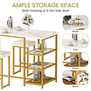 DKLGG 3-Piece Dining Table Set, Counter Height Pub Table with 2 Upholstered Bar Stools/Chairs, Small Space Faux Marble Bar Tabletop Storage Shelves, Breakfast Nook, Gold