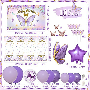 Butterfly Birthday Decorations for Girl,Purple Balloon Arch Kit with Foil Butterfly Balloon,Happy Birthday Backdrop Butterfly Tablecloth Decorations for Girl Birthday Baby Shower Purple Party Supplies