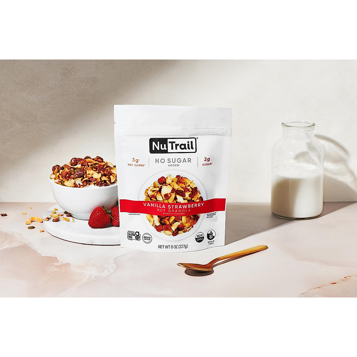 NuTrail Nut Granola Cereal, Vanilla Strawberry, No Sugar Added, Keto, Low Carb, Gluten Free, Grain Free, Healthy Breakfast 8 oz. 1 Count