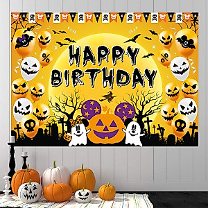 Halloween Backdrop Halloween Birthday Party Decorations Halloween Pumpkin Head for Children Birthday Happy Banner Halloween Baby Shower Props Banner Photo Decorations 5x3ft