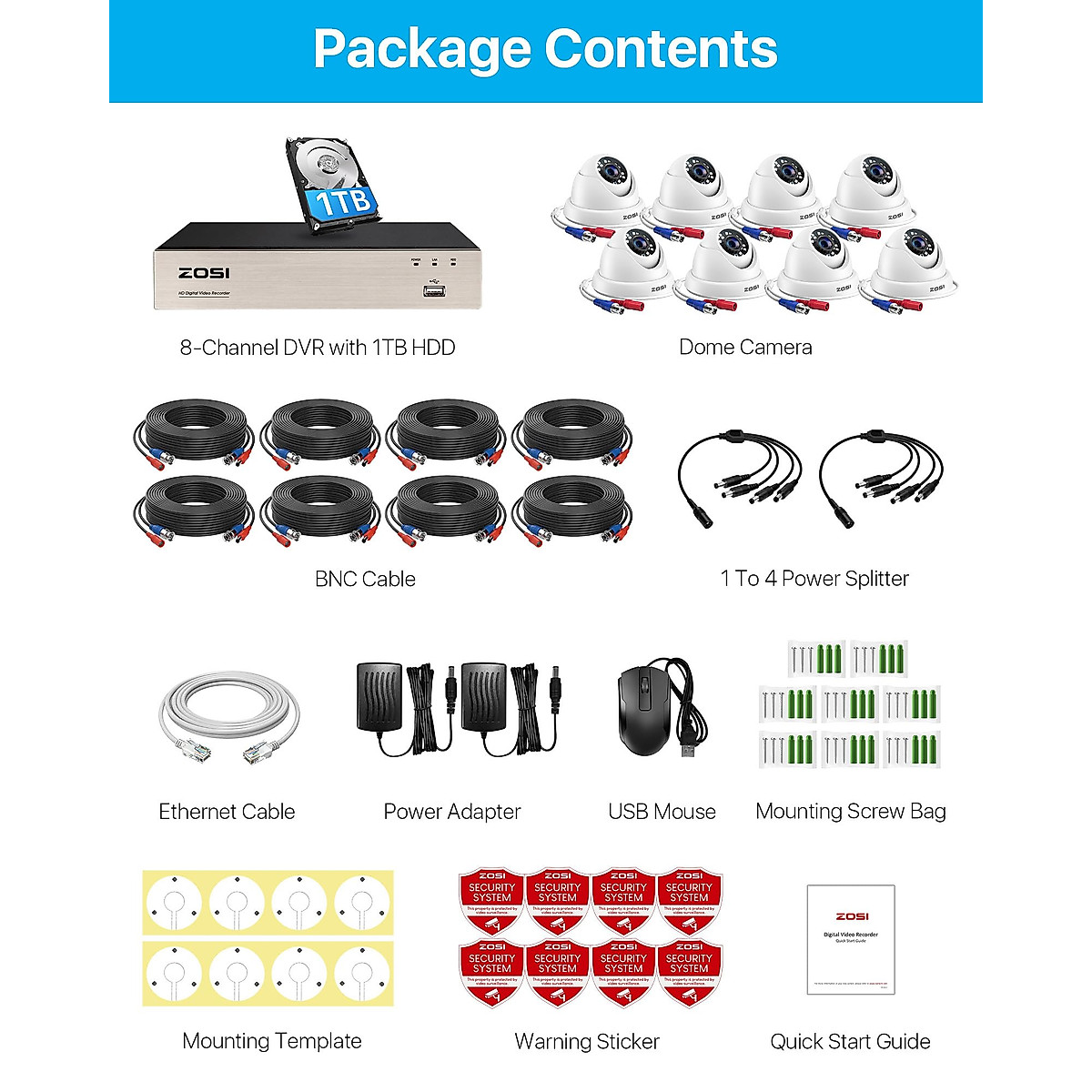 ZOSI 8CH Home Security Camera System Outdoor Indoor,H.265+ 8Channel 1080P DVR with 1TB HDD,8pcs Weatherproof Surveillance CCTV Dome Cameras,Night Vision,Motion Detection,for 24/7 Recording