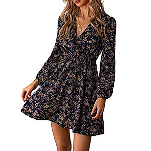 CUPSHE Women's V Neck Ditsy Floral Mini Dress Long Sleeve A Line Dress Surplice Short Dress Multicoloured