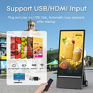 QIXZOCV 43 Inch Rechargeable Outdoor Digital Signage Displays Kiosk, Portable Battery Powered Advertising Display Poster, Movable Waterproof High Brightness LCD Screen Totem, Android OS