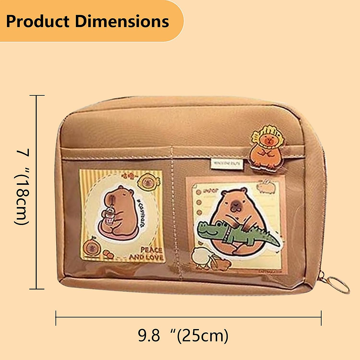 Seqgante Cute Capybara Pencil Case with 12 Compartments 90° Wide Opening Mouth Pencil Pouch with Kawaii Pins Plush Cute Stationery