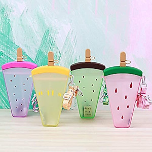 Yunqin plastic water bottle cute watermelon ice cream water bottle with straws anti-fall portable popsicle cup outdoor sports (Green)