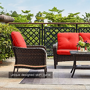Rilyson Outdoor Patio Wicker Dining Chairs Set of 2, Rattan Single Sofa Chair 2 Piece, Porch Lawn Armchair Wicker Dining Chair with Deep Seating and Cushion (Brown/Red)