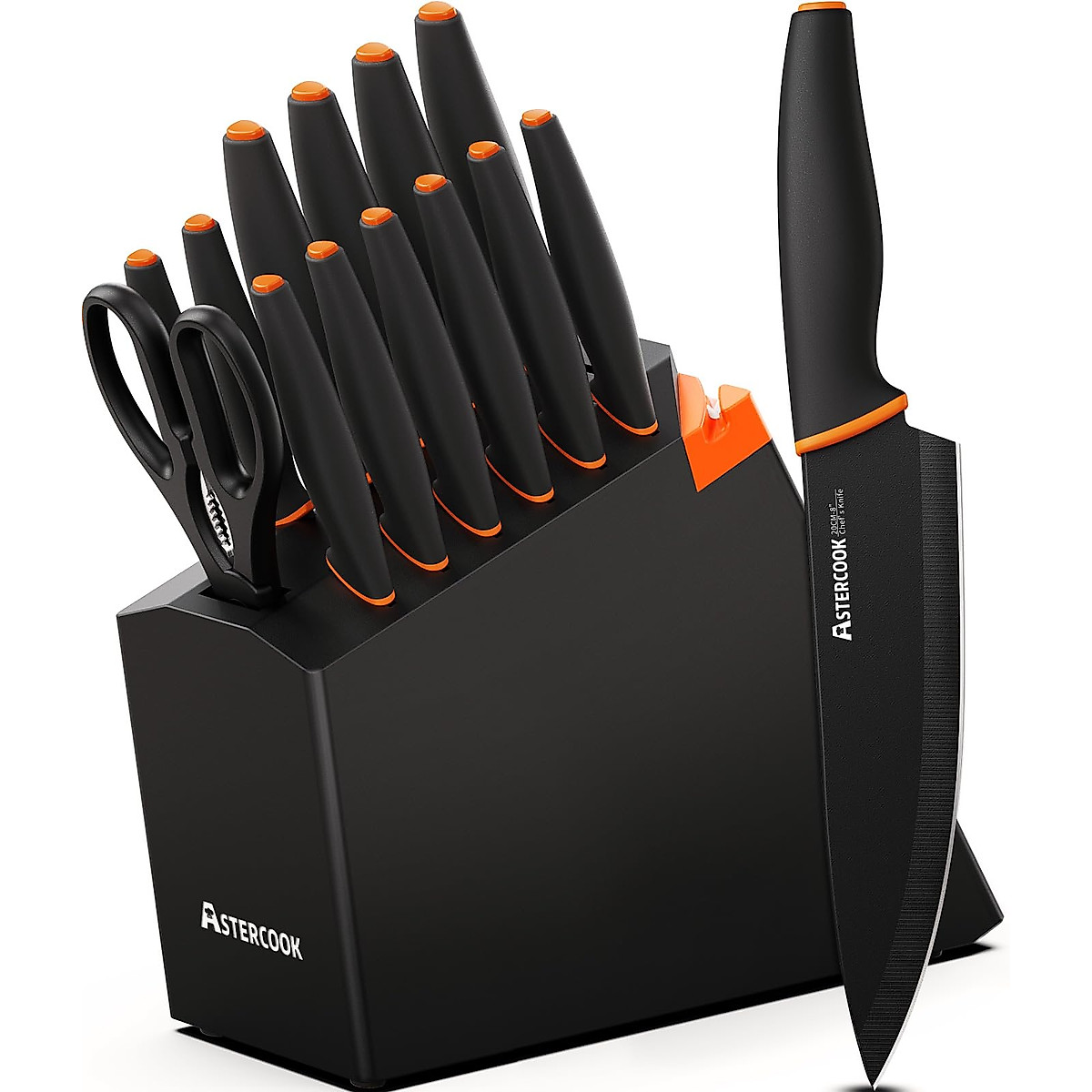 Knife Set, Astercook 15 Pcs Dishwasher Safe Kitchen Knife Set with Built-in Sharpener, High Carbon German Stainless Steel Black Knife Block Set