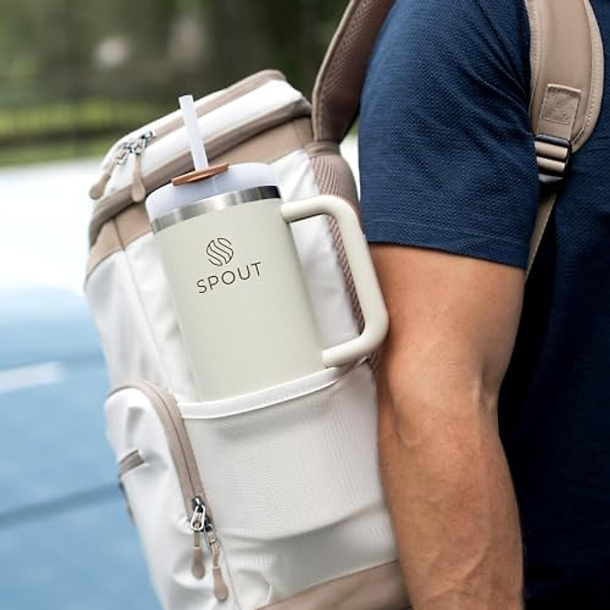 SPOUT 40 oz Tumbler With Handle And Straw, Insulated Stainless Steel Water Bottle With Straw - Travel Mug | BPA Safe Tumblers | Iced Drinks, Water, Cold/Hot Coffee - Cupholder Friendly - Cream