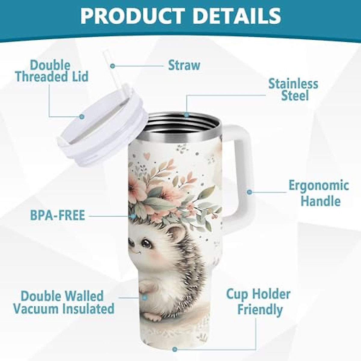 Maunzc 30 oz Tumbler with Handle and Straw, Insulated Stainless Steel Travel Mug with Lid for Coffee, Iced Tea, Water, Gift for Men Women (Watercolor Hedghog)