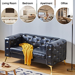 LEVNARY Black Leather Couch Loveseat, Modern Button Tufted Upholstered 2 Seater Couch, Comfy Chesterfield Sofa Couches for Living Room Bedroom Office (Black)