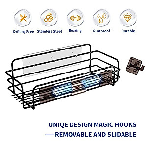 2-Pack Adhesive Shower Caddy With 4 Magic Hooks and 1 Pack Soap Dishes, No Drilling Rustproof Stainless Steel Eaeregs Shower Organizer for Inside Shower & Kitchen Storage(Matte Black Round wire style)