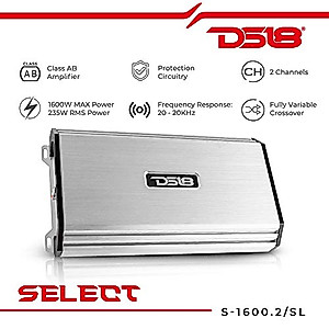 DS18 S-1600.2/SL Car Audio Amplifier – 2 Channel, Full Range, Class AB, 1600 Watts (Silver)