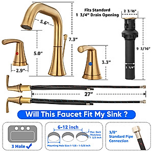WaterSong Bathroom Sink Faucet, Brushed Gold Bathroom Faucet 3 Hole, 8 Inch Widespread Bathroom Faucet with Pop up Drain Assembly, Two Handle Vanity Faucet