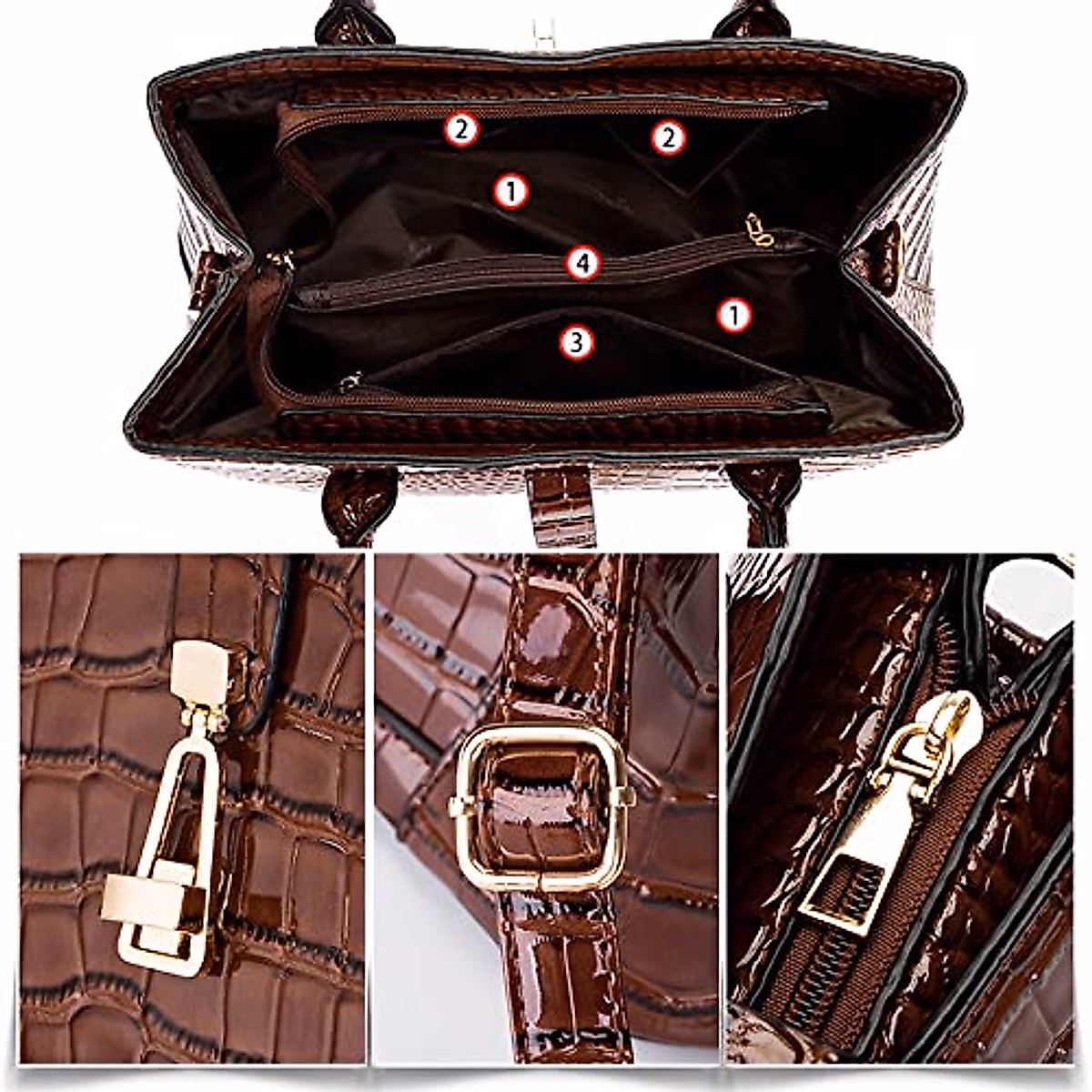 Retro Messenger Lock Bag Fashion Shoulder Handbags Three-piece Bags Crocodile Pattern Purses Female Top Handle Tote (Black)