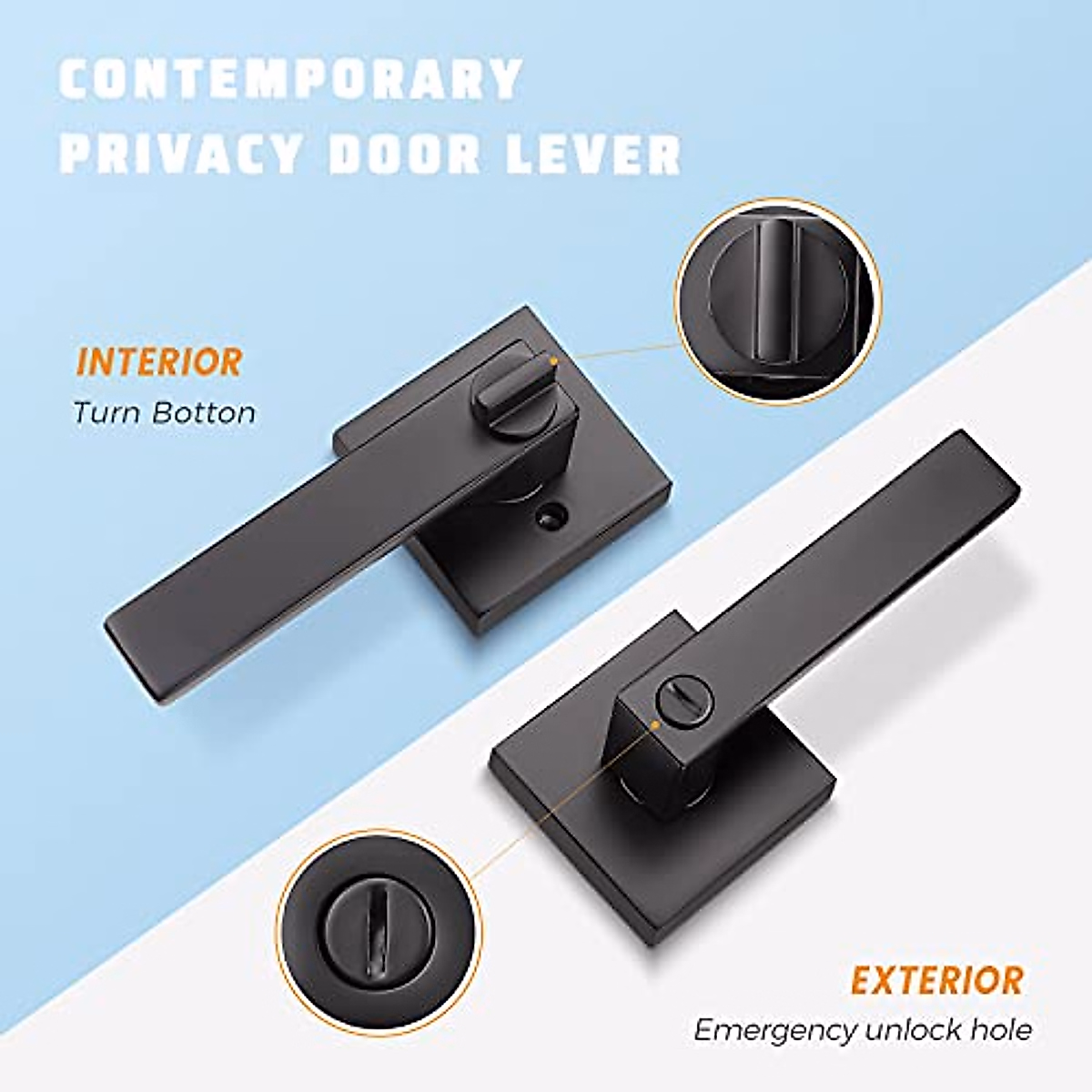 KNOBWELL 8 Pack Matte Black Interior Privacy Door Knob, Bedroom Doorknob with Lock, Square Lever Door Handle, Heavy Duty Black Lever Handle