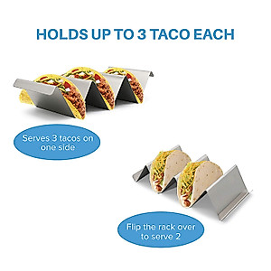 2 Pack Taco Holder Stand with Handles - Stainless Steel 4”x8” Taco Rack Holds up to 3 Tacos Each, Oven, Grill and Dishwasher Safe, Easy to Fill, Great Presentation on Plate