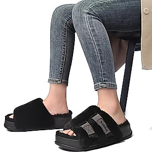 KuaiLu Womens Fuzzy Platform Open Toe Slippers with Arch Support Fluffy Furry Slides Orthotic Faux Fur Sandals adjustable house Slippers Indoor Outdoor Black Size 12