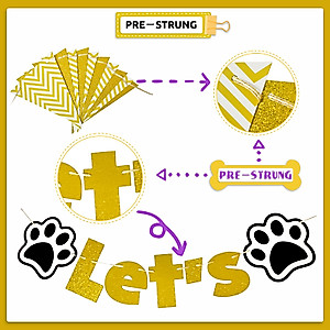 Pre-Strung Dog Birthday Party Supplies, Let’s Pawty Banner Sign, Puppy Dog Paw Birthday Decorations Backdrop, Golden Happy Birthday Decor Pennants Banner Kit for Pet Dog Boy Girl, Vicycaty