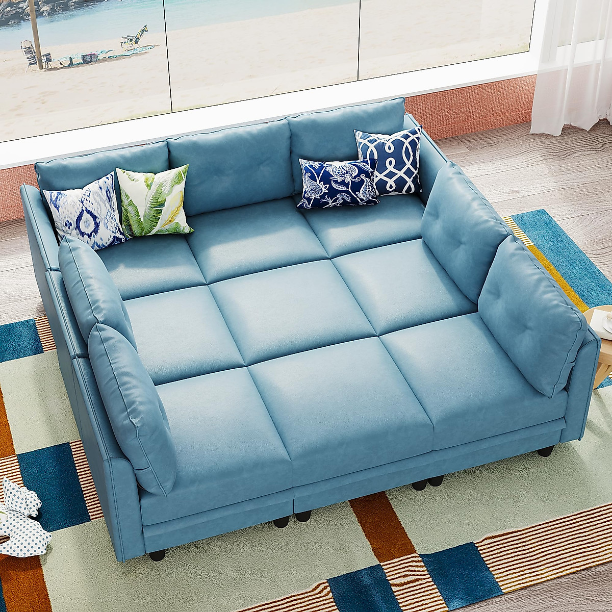 LLappuil Modular Sectional Sofa Faux Leather Sleeper Sectional Couch with Storage Convertible 9 Seats Modular Sofa Bed for Living Room, Navy Blue