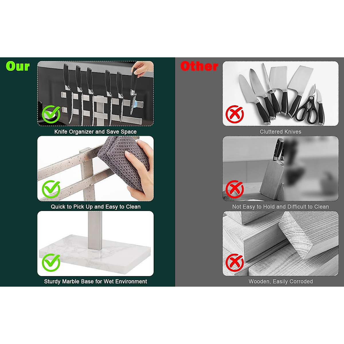 BathAce Magnetic Knife Block Holder Stand with Marble Base for Countertop, Stainless Steel Knife Rack with Strong Enhanced Magnets Strip for Kitchen Utensil and Tool Organizers, Brushed Nickel