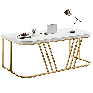 LITTLE TREE 63 inches Executive, Home Office Computer Desk Modern Glod Large Conference Table with Metal Frame, Gold & White
