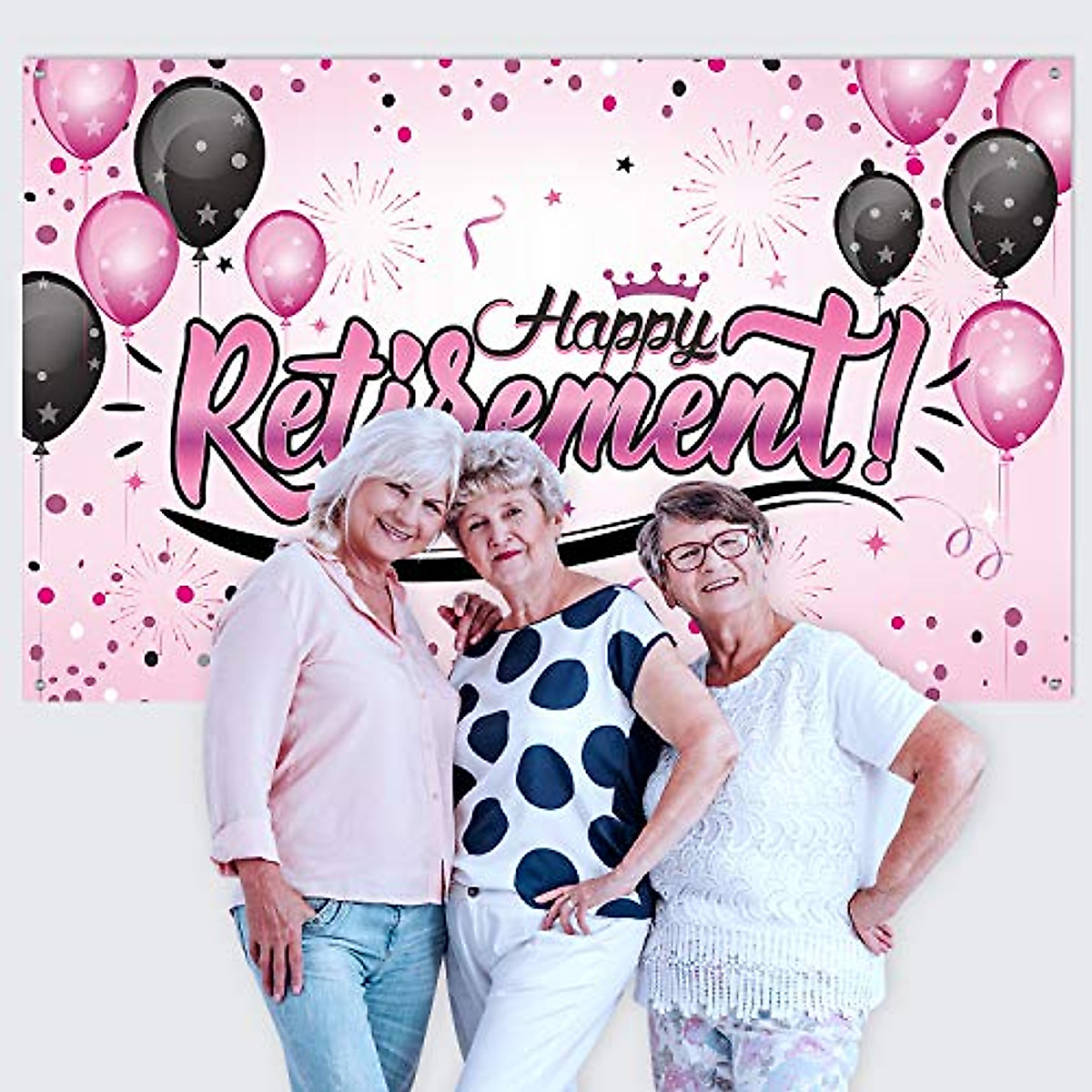 Happy Retirement Party Decorations, Giant Black and Gold Sign Retirement Party Banner Photo Booth Backdrop Background for Happy Retirement Party Supplies (Pink)