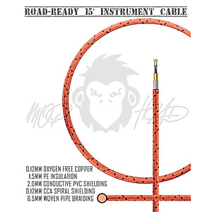 Mophead 15-Foot Guitar Instrument Cable - 1/4 Inch TS to 1/4 Inch TS Right Angle Pro Grade Double Insulated Tweed Braided for Electric Guitar, Bass, Amp, Keyboard (Red with Black Stripe)