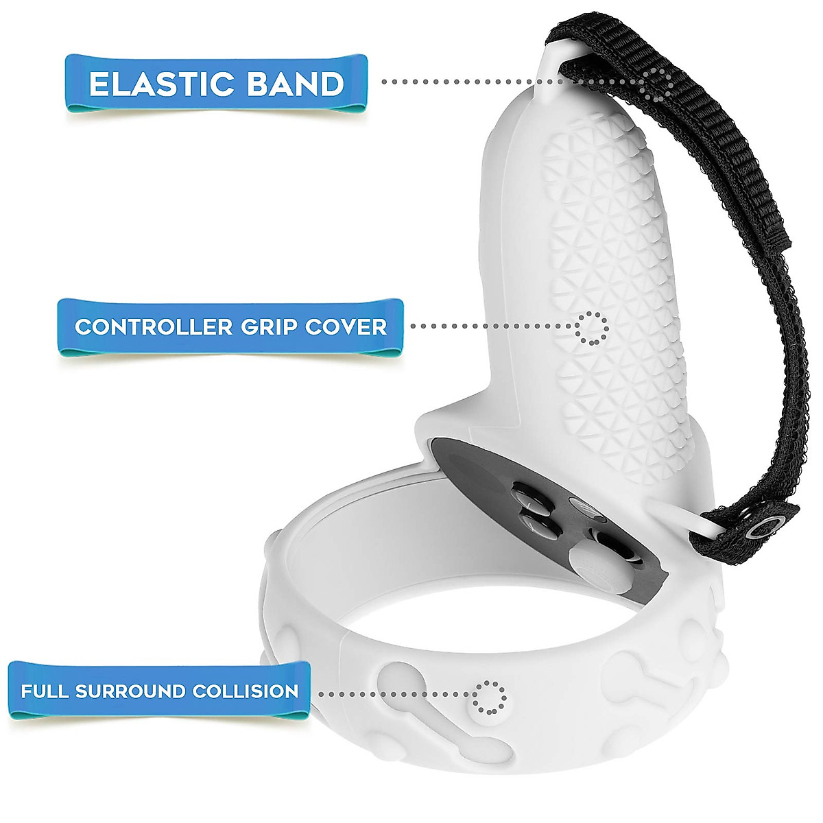 Seltureone Accessories Compatible for Quest 2 Controller Full Grip Cover with 2 Controller Caps, Anti-Slip Anti-Fall Protective Silicone Sleeve with Hand Strap for Quest 2 Headset, White